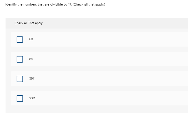 Solved Identify the numbers that are divisible by 17. (Check | Chegg.com