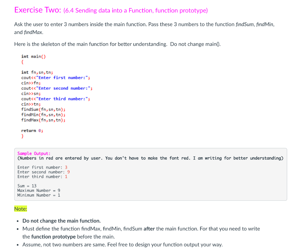 Solved Exercise Two: (6.4 Sending data into a Function, | Chegg.com