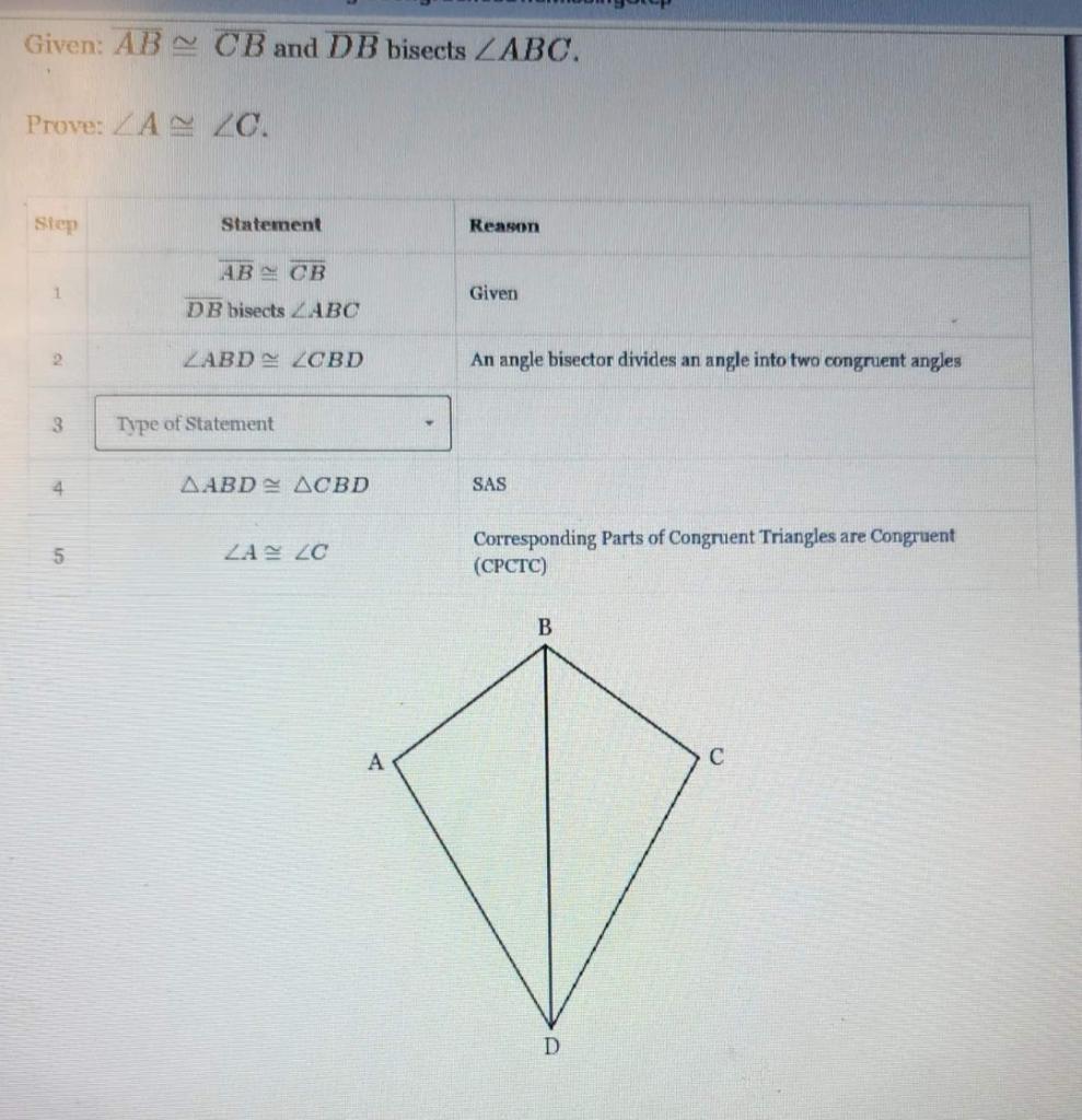 Solved Given: AB≅CB and DB bisects ∠ABC. Prove: ∠A≅∠C. | Chegg.com