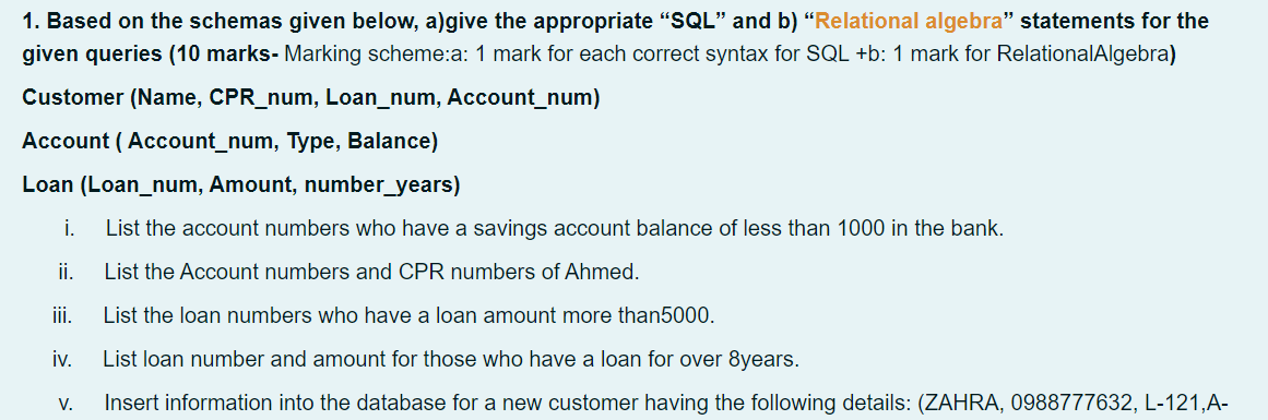 Solved 1. Based on the schemas given below, a)give the | Chegg.com