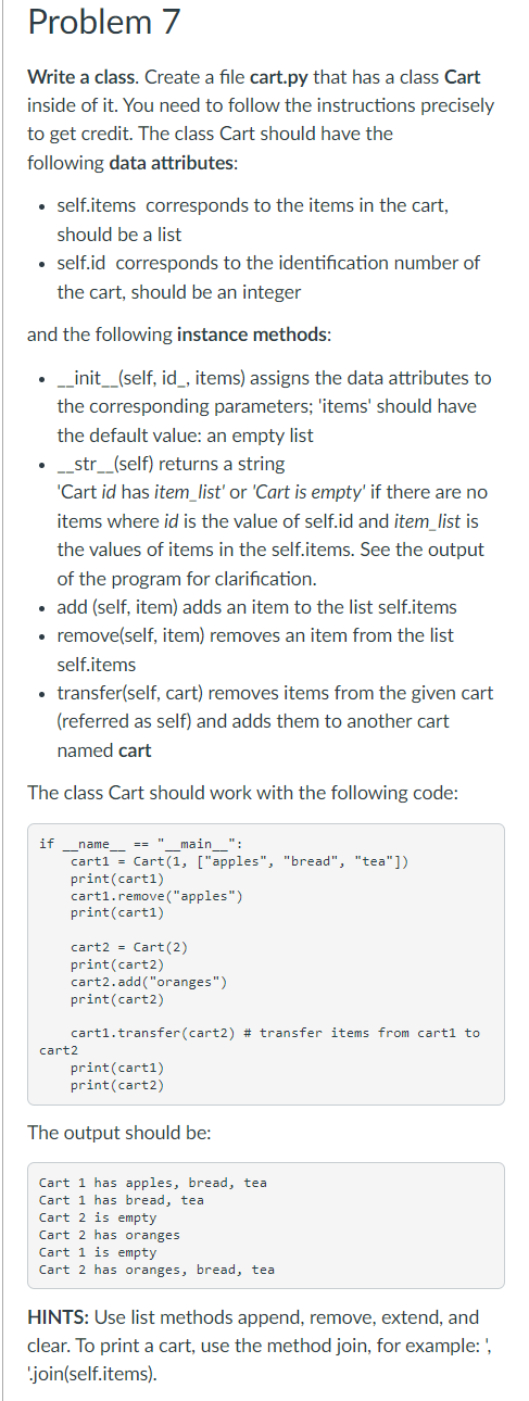 Solved Problem 7 Write a class. Create a file cart.py that | Chegg.com