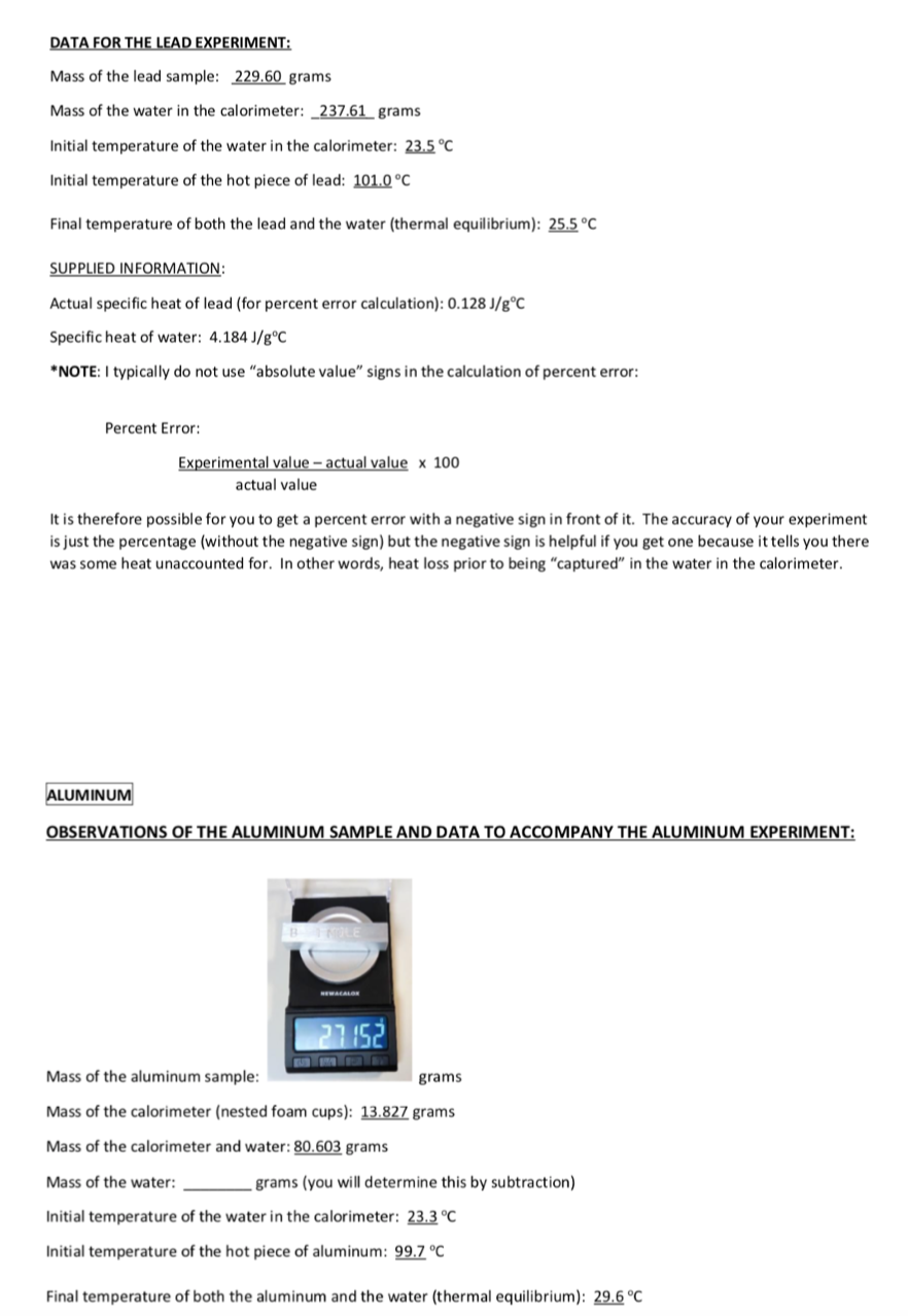 Solved DATA FOR THE LEAD EXPERIMENT: Mass of the lead | Chegg.com