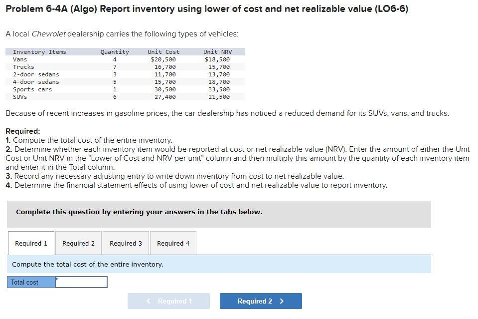 Solved Problem 6-4A (Algo) Report inventory using lower of | Chegg.com