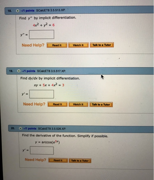 Solved -1 points SCalcET8 3.5.513.XP 18. Find y" by implicit | Chegg.com