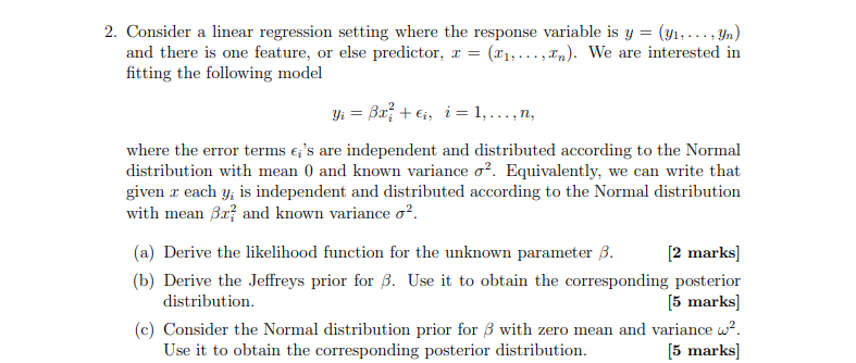 Solved 2. Consider a linear regression setting where the | Chegg.com