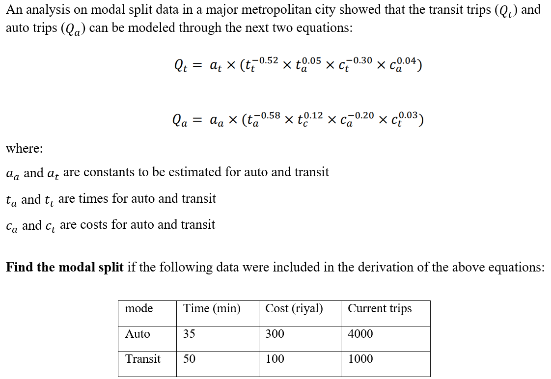 Solved An analysis on modal split data in a major | Chegg.com