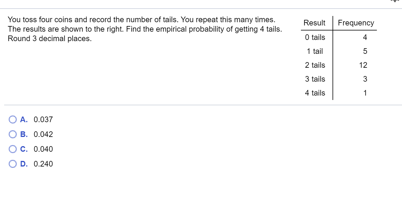 Solved Result Frequency You toss four coins and record the | Chegg.com