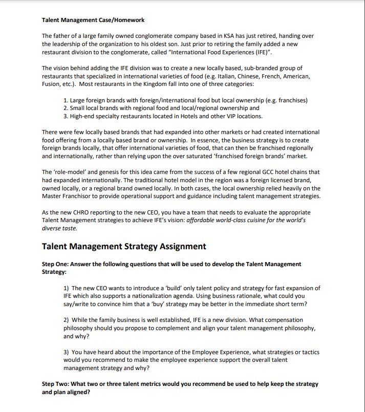 Solved Talent Management Case/Homework The father of a large | Chegg.com