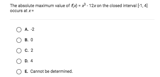 Solved The absolute maximum value of f(x) = x3 - 12x on the | Chegg.com