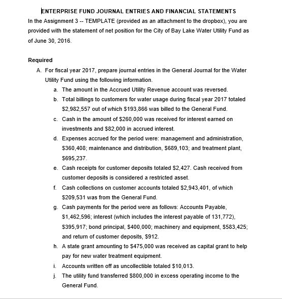 Solved ENTERPRISE FUND JOURNAL ENTRIES AND FINANCIAL | Chegg.com