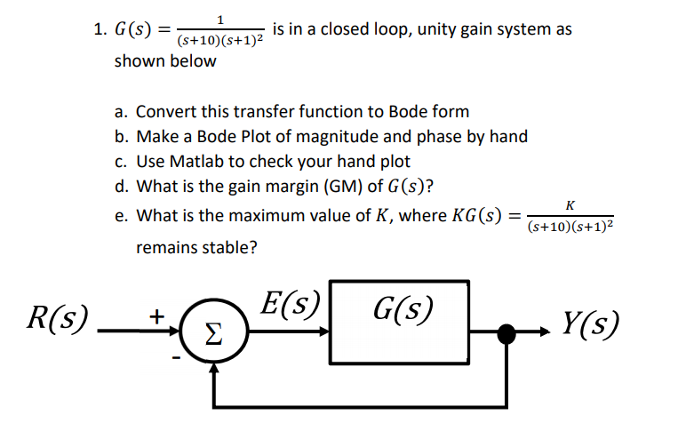 Solved 1. G(S) - is in a closed loop, unity gain system as | Chegg.com Solved 1. G(S) - is in a closed loop, unity gain system as | Chegg.com