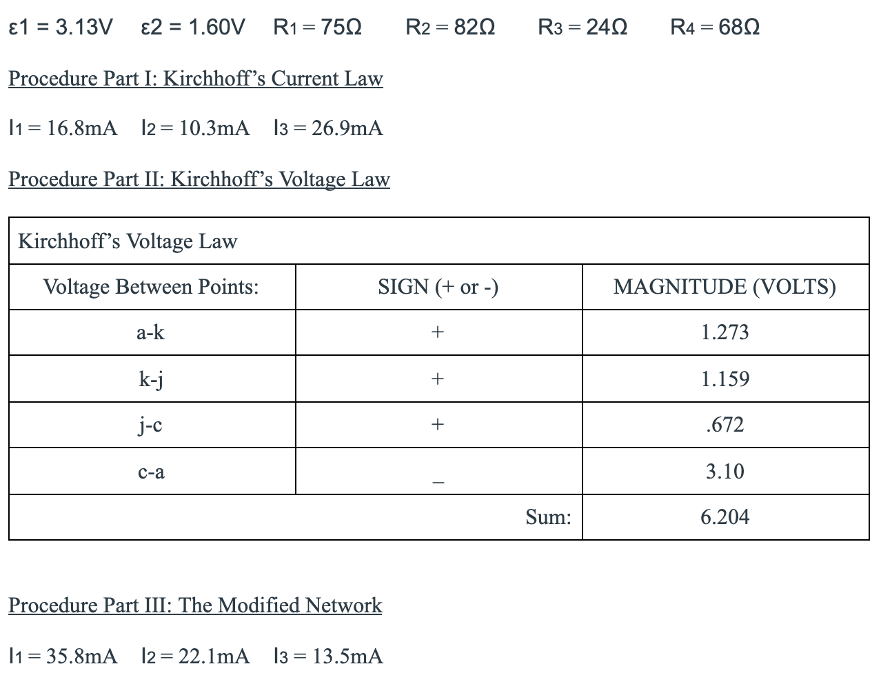 Solved Part III: Modified Network 6) Set up 3 equations with | Chegg.com