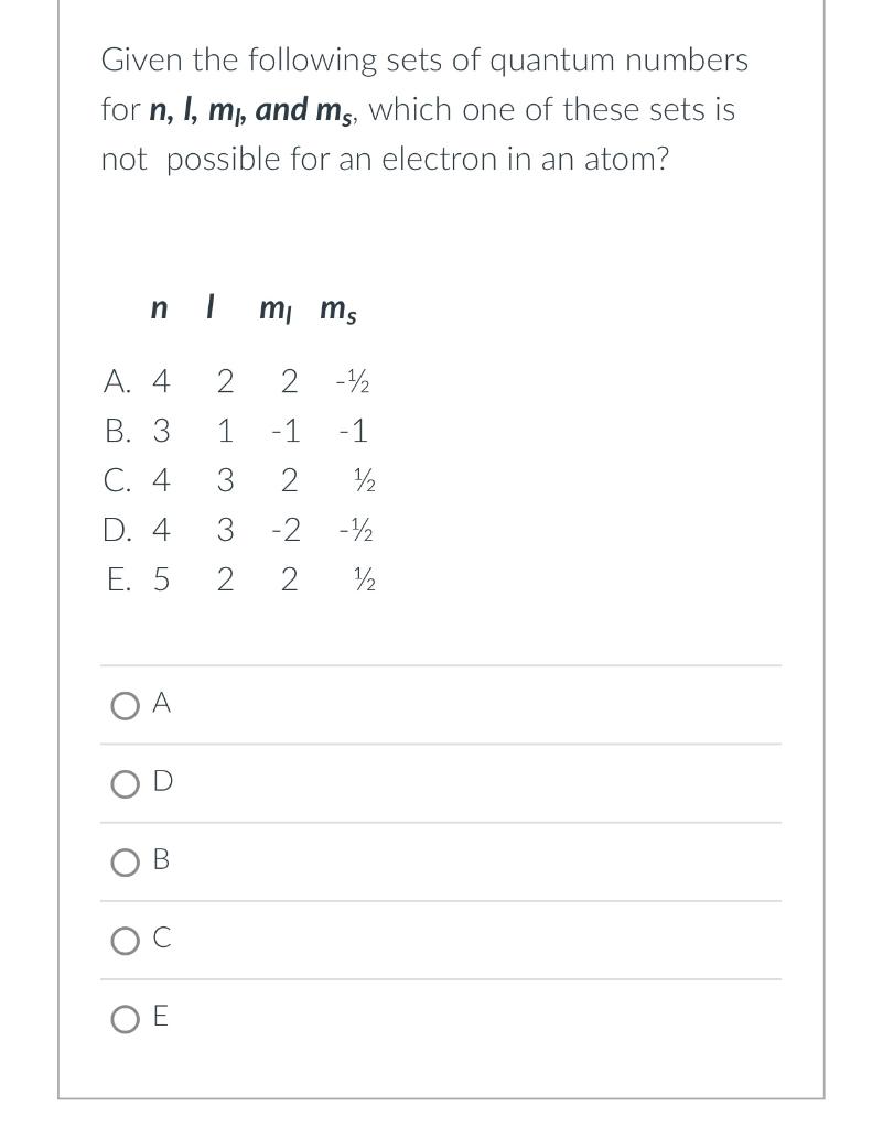 Solved Given the following sets of quantum numbers for | Chegg.com