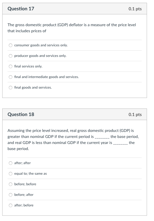 Solved Question 17 0.1 pts The gross domestic product (GDP) | Chegg.com