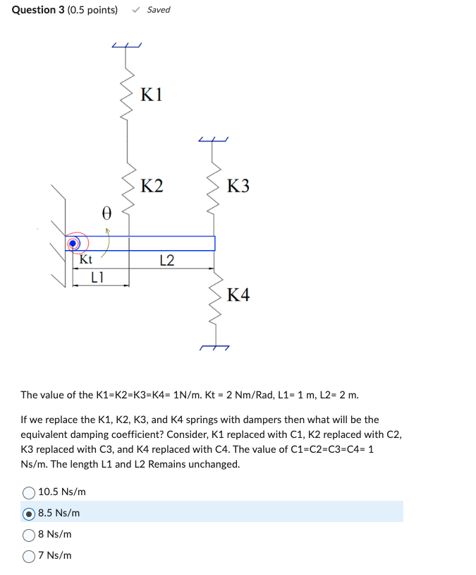 Solved The value of the K1=K2=K3=K4=1 N/m.Kt=2Nm/Rad,L1=1 m, | Chegg.com