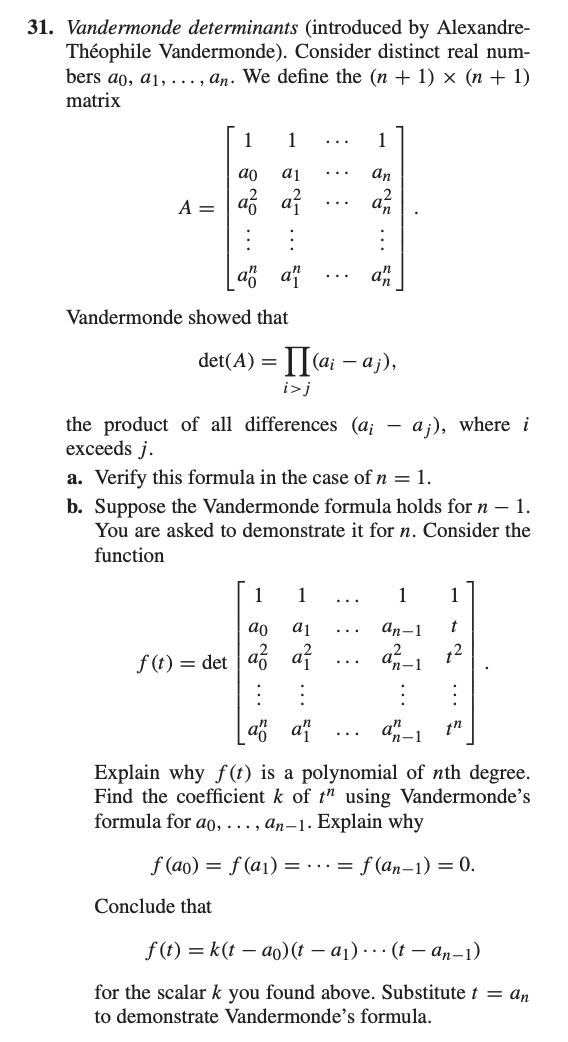 Solved 31. Vandermonde determinants (introduced by | Chegg.com