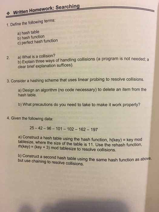 Solved Define the following terms: a) hash table b) hash | Chegg.com