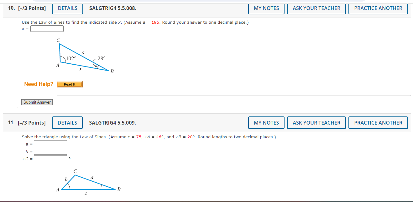 Solved Points]SALGTRIG4 5.5.008.Use the Law of Sines to find | Chegg.com