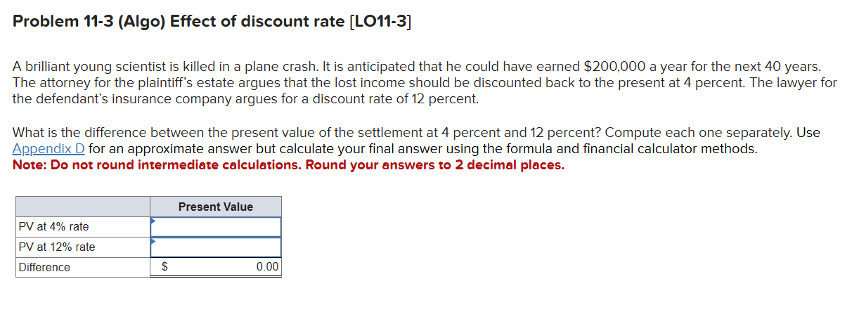Solved Problem 11-3 (Algo) ﻿Effect of discount rate | Chegg.com