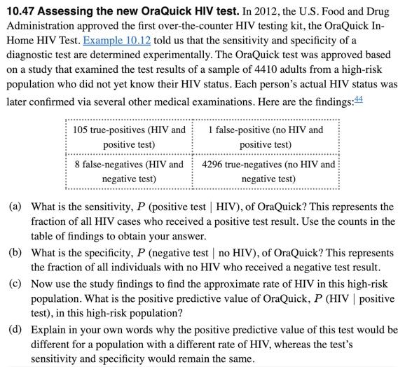 Solved 10.47 Assessing the new OraQuick HIV test. In 2012, | Chegg.com