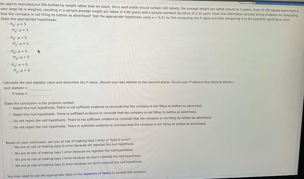 Solved An aspirin manufacturer fills bottles by weight | Chegg.com
