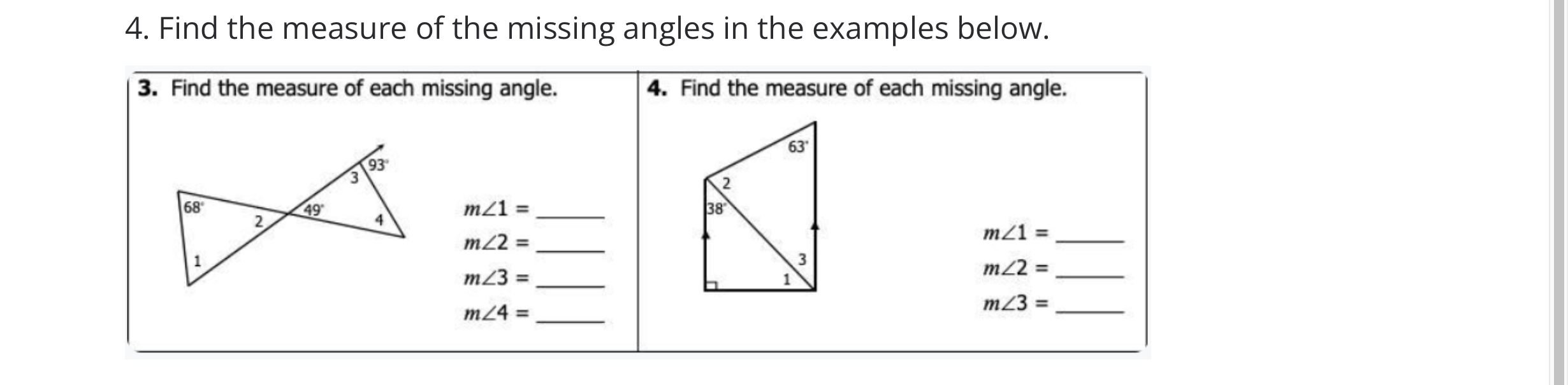 Solved 4. Find the measure of the missing angles in the | Chegg.com