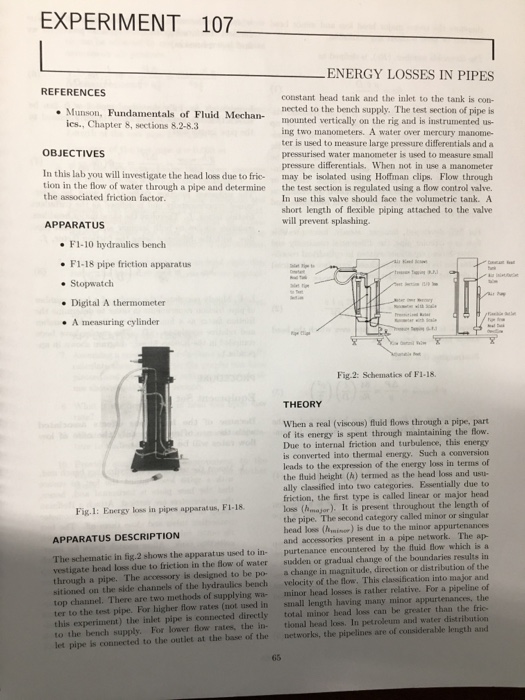 Solved EXPERIMENT 107 ENERGY LOSSES IN PIPES REFERENCES | Chegg.com
