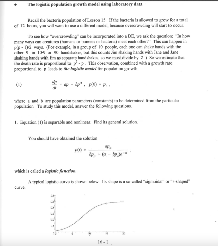 Solved The logistic population growth model using laboratory | Chegg.com