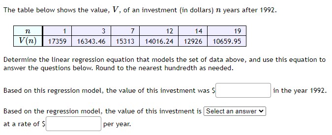 Solved The table below shows the value, V, ﻿of an investment | Chegg.com