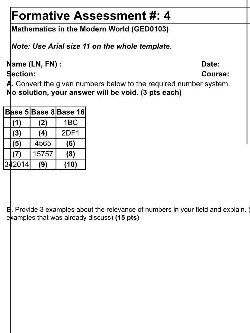 Solved Formative Assessment #: 4 Mathematics in the Modern | Chegg.com