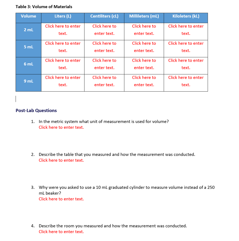 Solved Table 3: Volume of Materials Liters (L) Click here to | Chegg.com