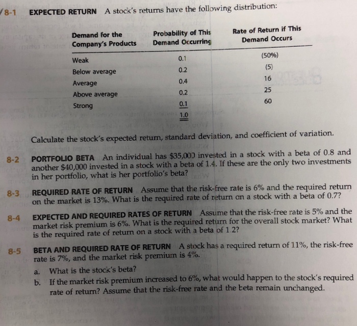 Solved 8-1 EXPECTED RETURN A stock's returns have the | Chegg.com