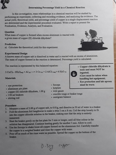 Determining Percentage Yield in a Chemical Reaction | Chegg.com