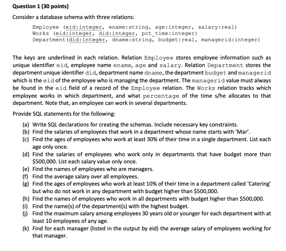 Solved Question 1 (30 points) Consider a database schema | Chegg.com