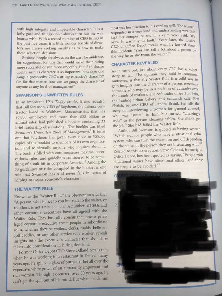 Solved CASE 14 The Waiter Rule: What Makes for important | Chegg.com