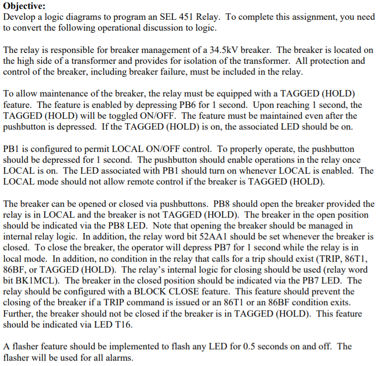 Objective: Develop a logic diagrams to program an SEL | Chegg.com