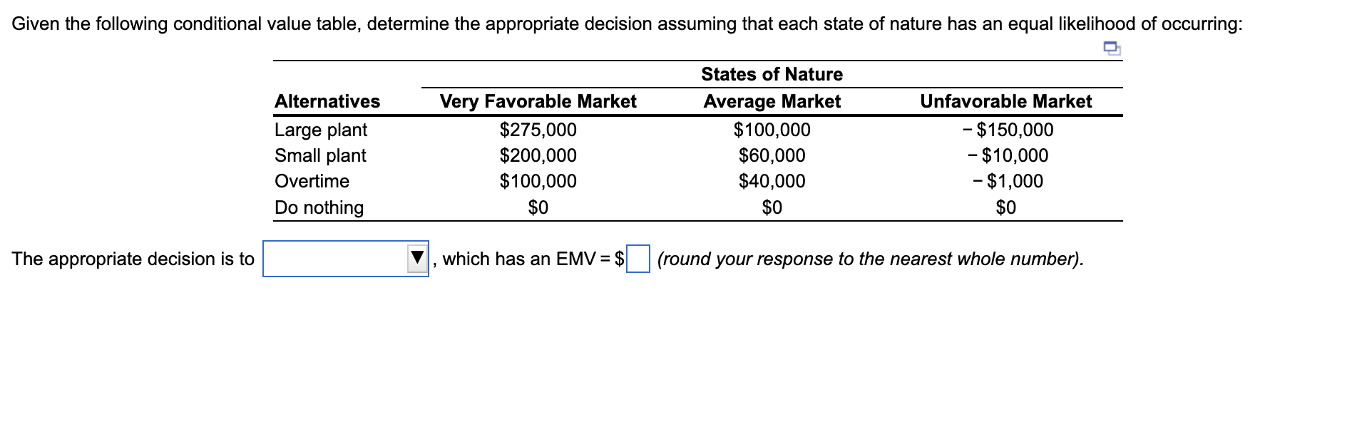 Solved The appropriate decision is to which has an EMV =$ | Chegg.com