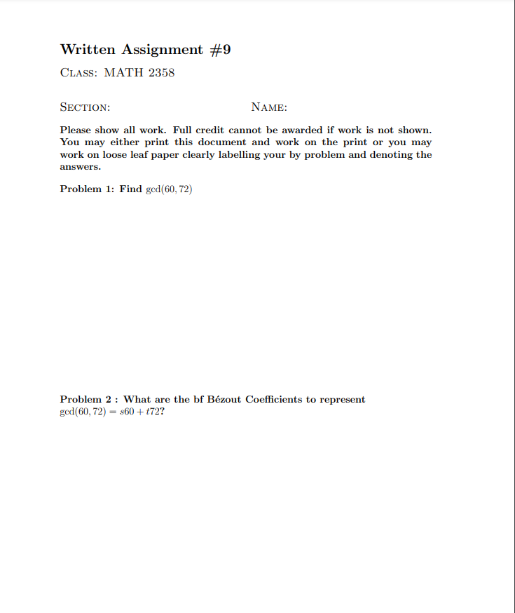 Solved Written Assignment #9 CLASS: MATH 2358 SECTION: NAME: | Chegg.com