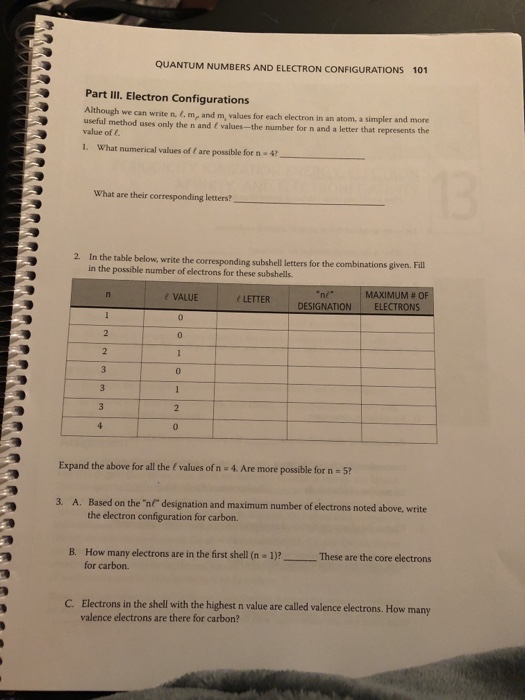 Solved QUANTUM NUMBERS AND ELECTRON CONFIGURATIONS 101 Part | Chegg.com