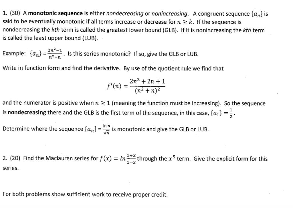 Solved 1. (30) A monotonic sequence is either nondecreasing | Chegg.com