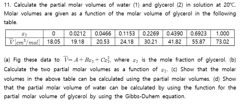 11. Calculate the partial molar volumes of water (1) | Chegg.com