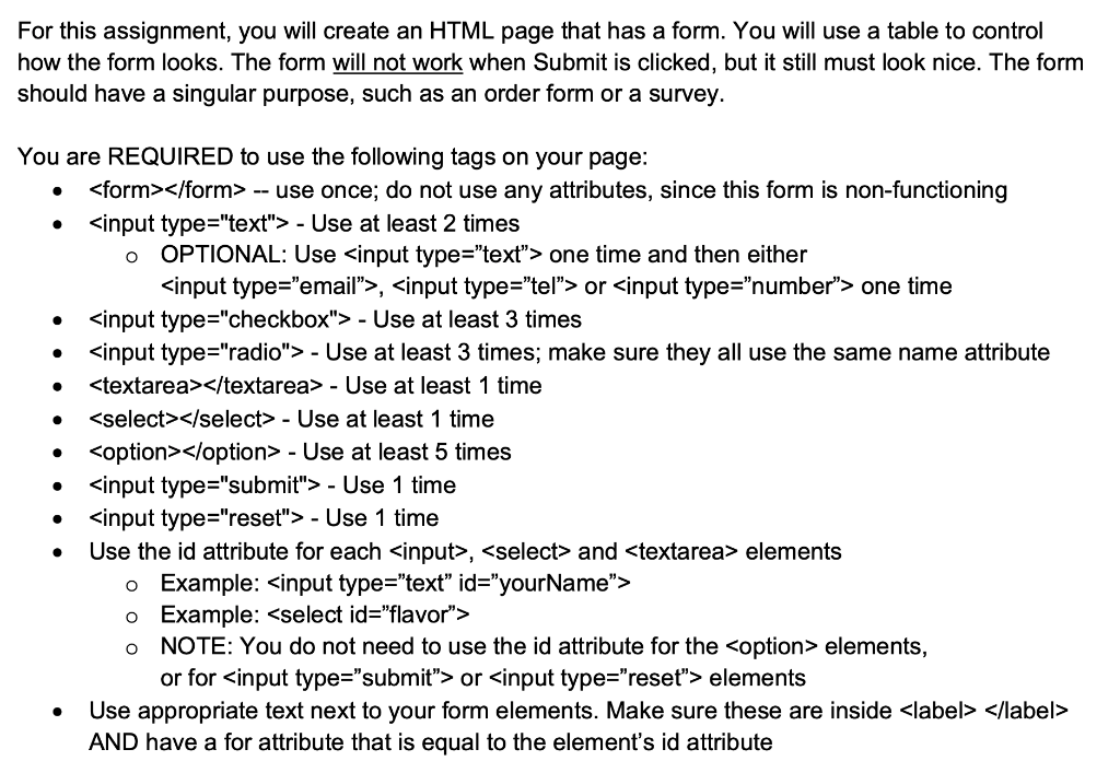 Solved For this assignment, you will create an HTML page | Chegg.com