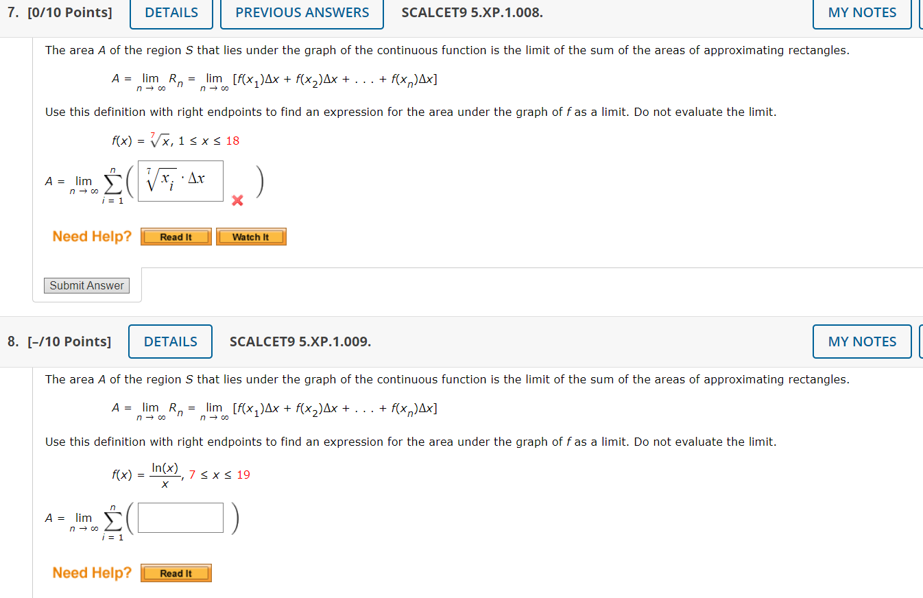 Solved [0//10 Points] SCALCET9 5.XP.1.008. The area A of the | Chegg.com