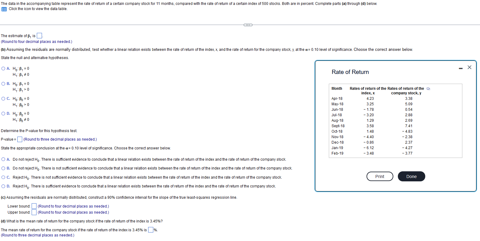 Solved A. H0:β1=0 H1:β1 =0 Rate of Return B. H0:β1=0 H1:β1>0 | Chegg.com