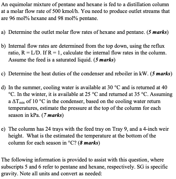 Solved An equimolar mixture of pentane and hexane is fed to | Chegg.com