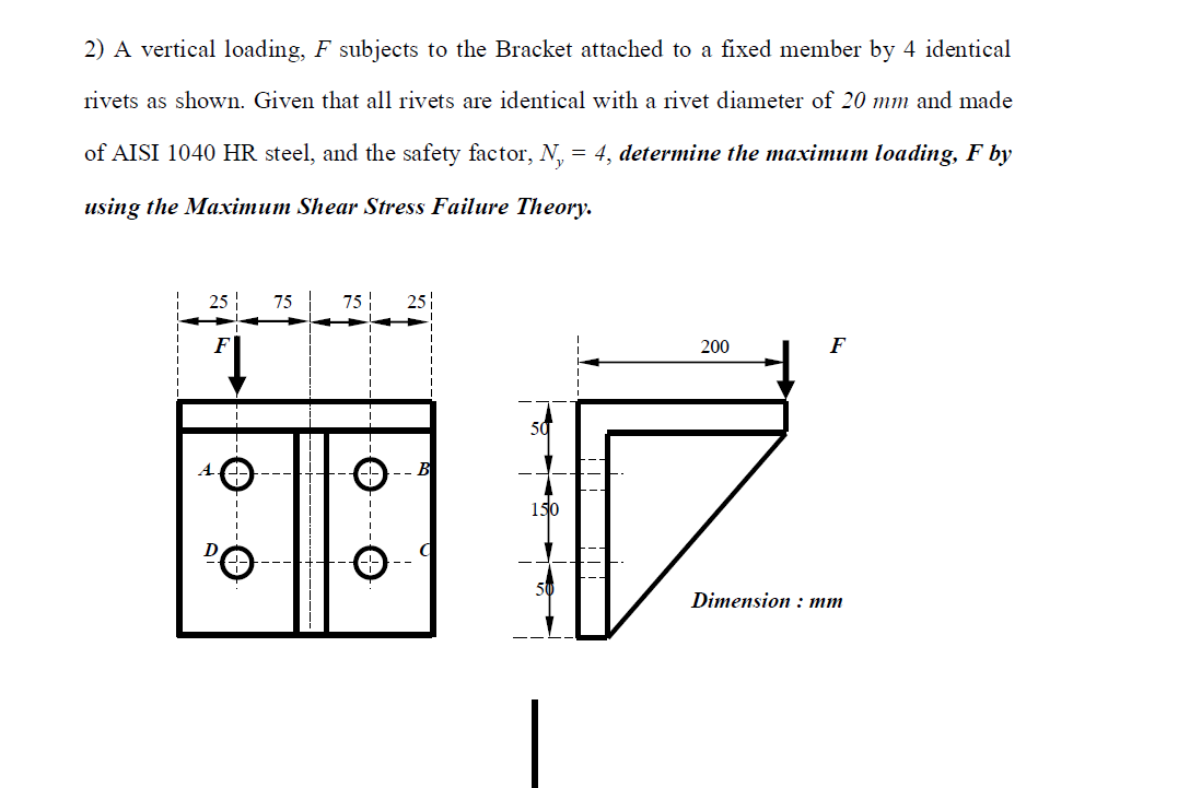 Solved 2) A vertical loading, F subjects to the Bracket | Chegg.com