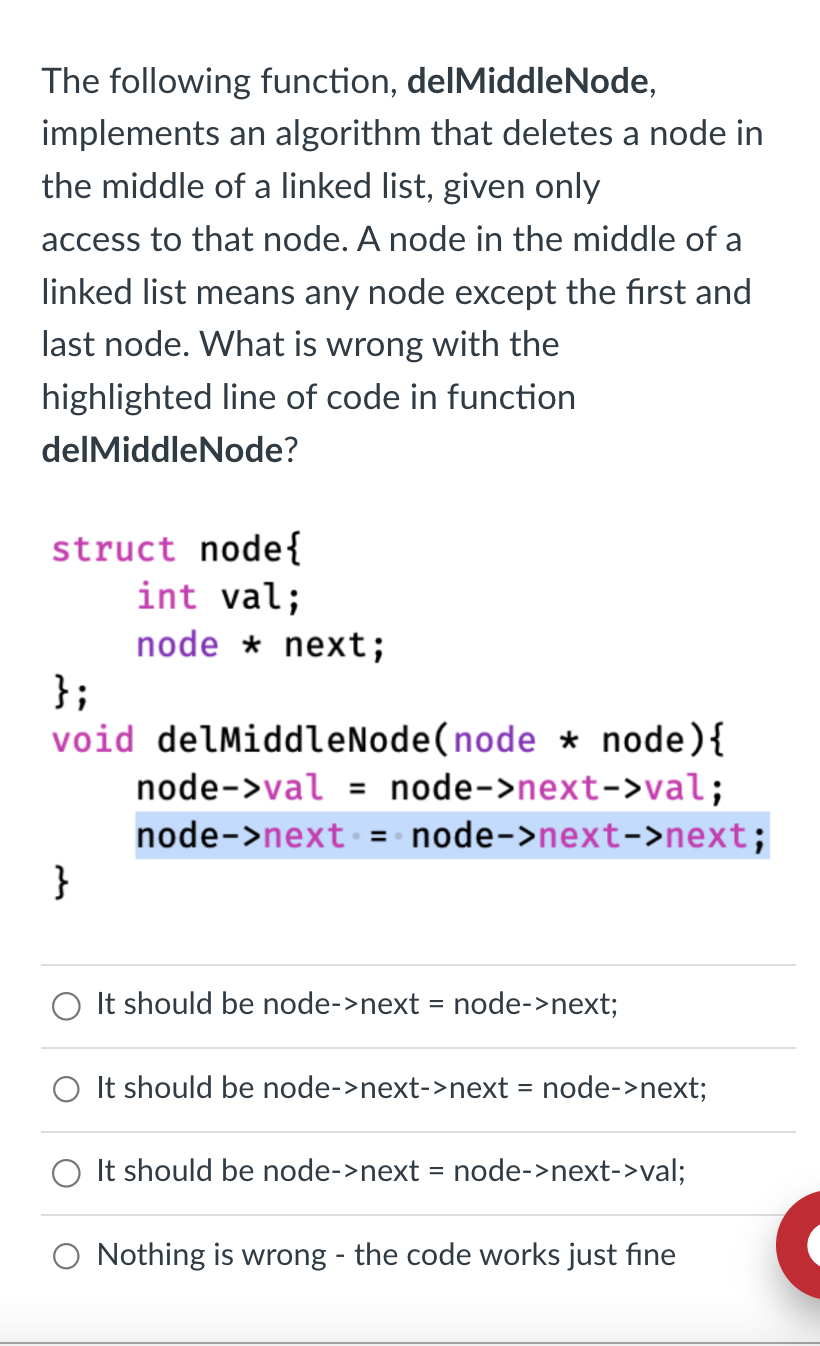 Solved The following function, delMiddleNode, implements an | Chegg.com