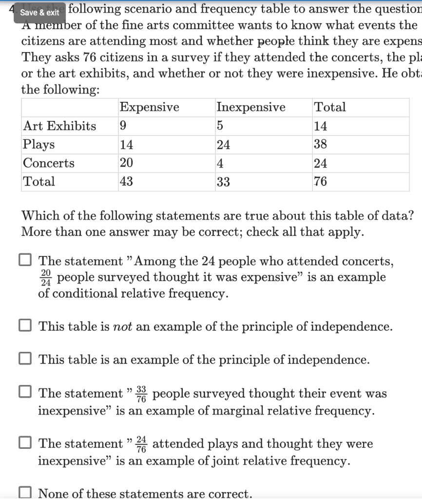 Solved Save \& exit following scenario and frequency table | Chegg.com