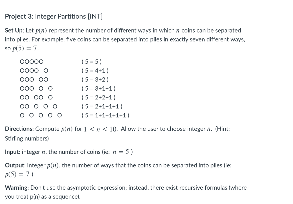 Solved Project 3 Integer Partitions Int Set Up Let Pn 