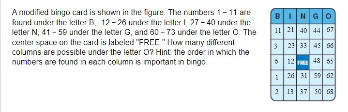 Solved A modified bingo card is shown in the figure. The | Chegg.com